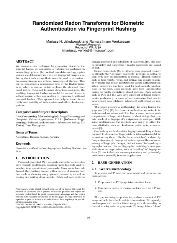 Pdf Randomized Radon Transforms For Biometric Authentication Via Fingerprint Hashing