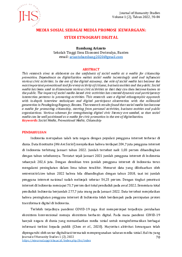 (PDF) Media Sosial Sebagai Media Promosi Kewargaan: Studi Etnografi Digital