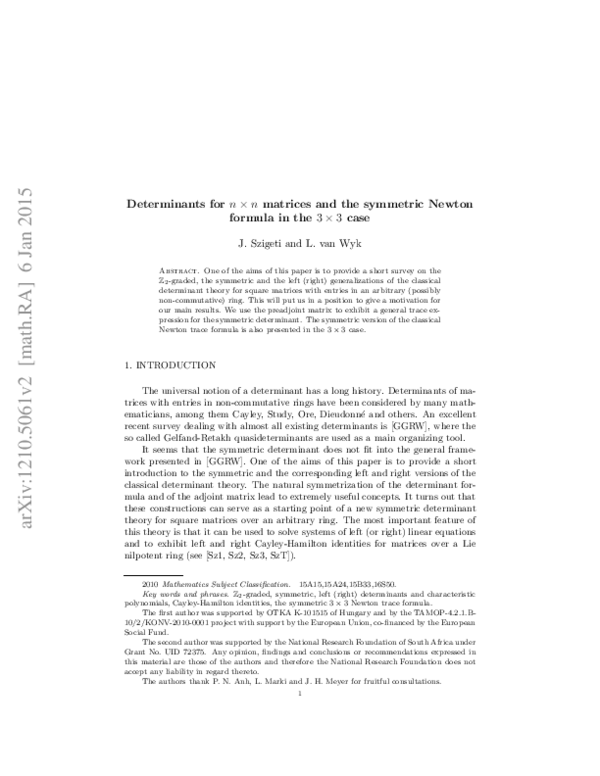 (PDF) Determinants for nxn matrices and the symmetric Newton formula in the 3x3 case