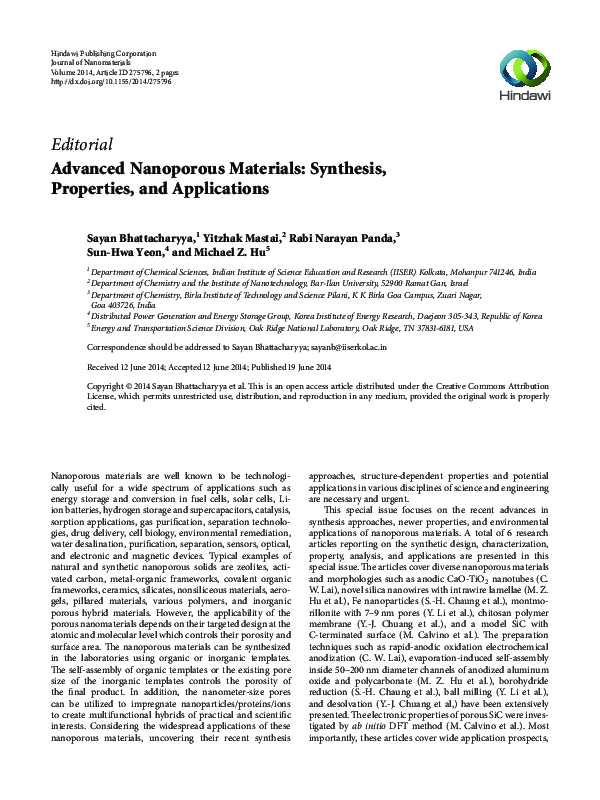 (PDF) Advanced Nanoporous Materials: Synthesis, Properties, and Applications