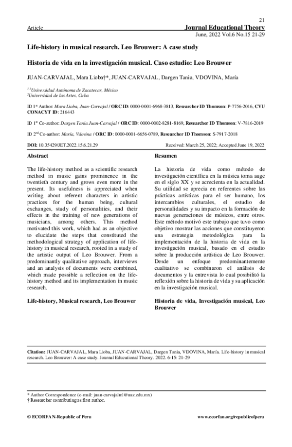 (PDF) Life-history in musical research. Leo Brouwer: A case study