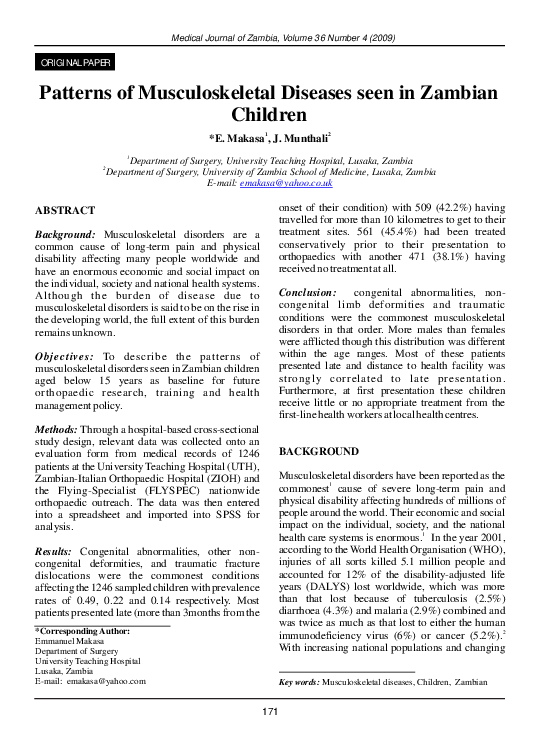 (PDF) Patterns of musculoskeletal diseases seen in Zambian children