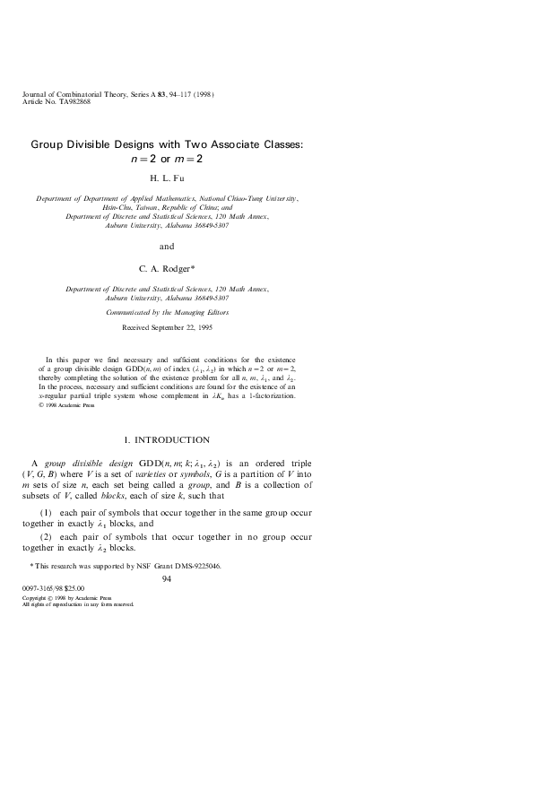 (PDF) Group Divisible Designs with Two Associate Classes:n=2 orm=2