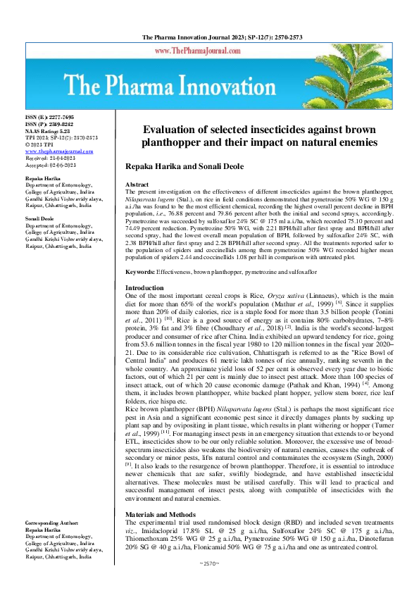 (PDF) Evaluation of selected insecticides against brown planthopper and their impact on natural ...