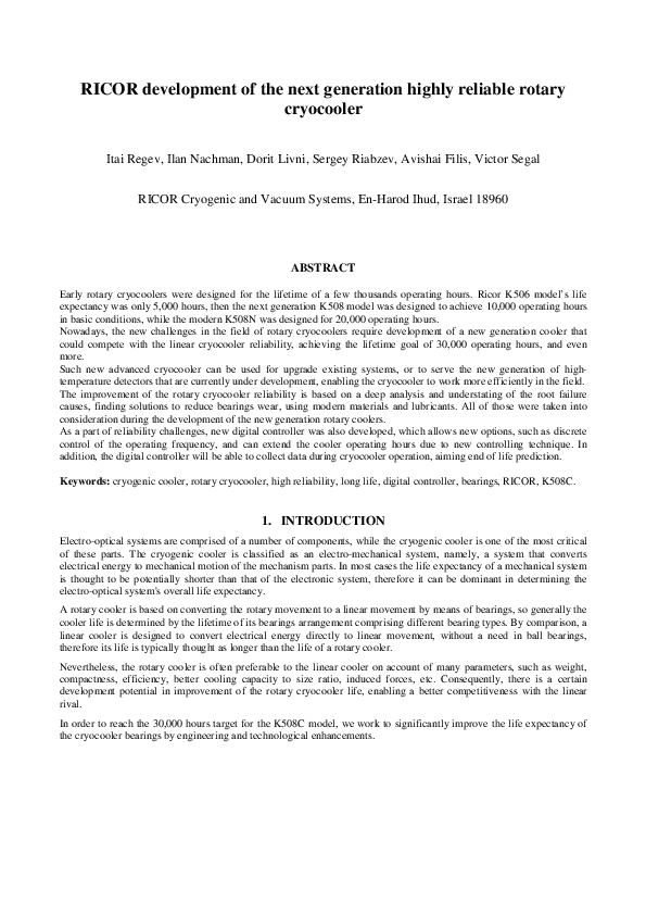 (PDF) RICOR development of the next generation highly reliable rotary ...