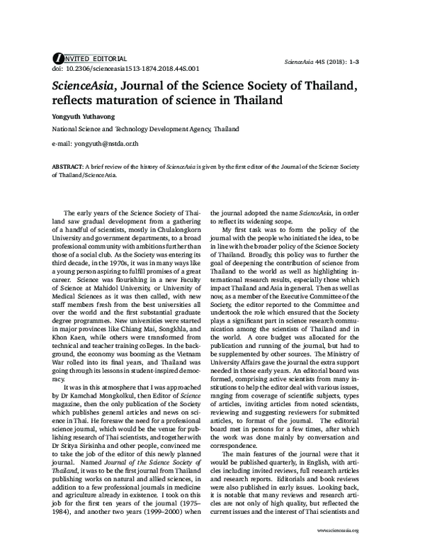 (PDF) ScienceAsia, Journal of the Science Society of Thailand, reflects ...