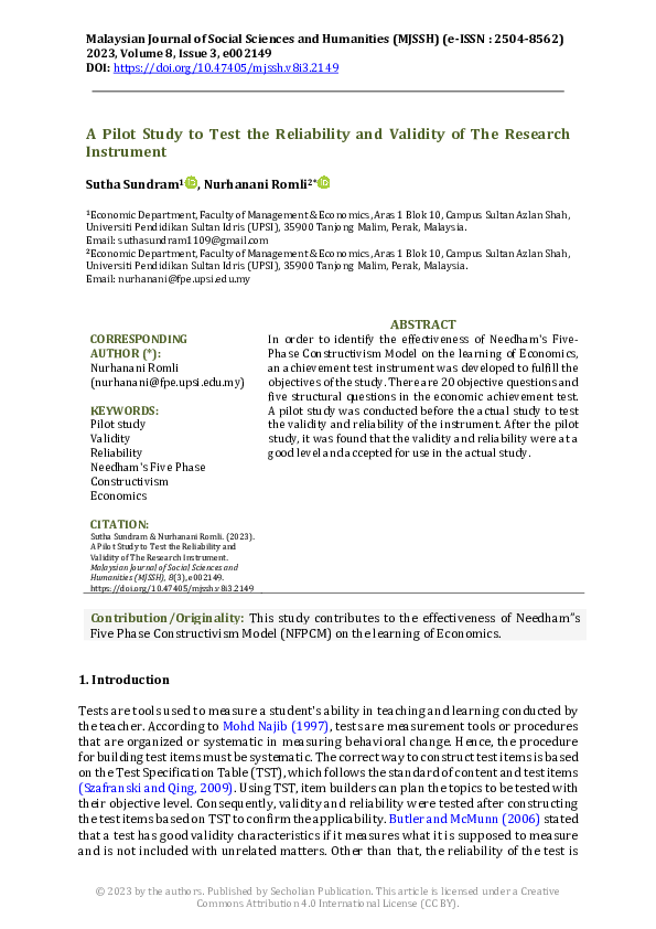 (PDF) A Pilot Study to Test the Reliability and Validity of The ...