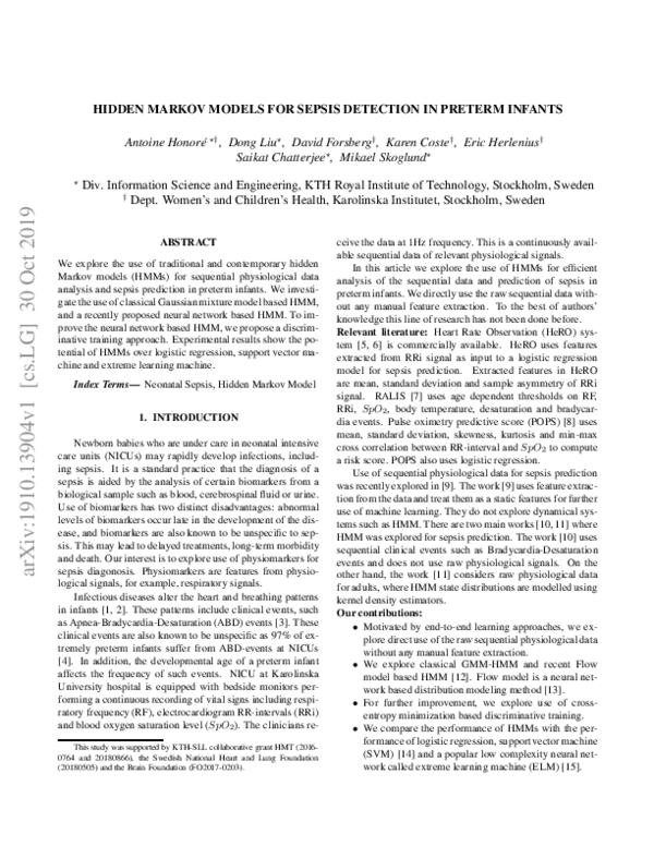 (PDF) Hidden Markov Models for Sepsis Detection in Preterm Infants | Eric Herlenius - Academia.edu