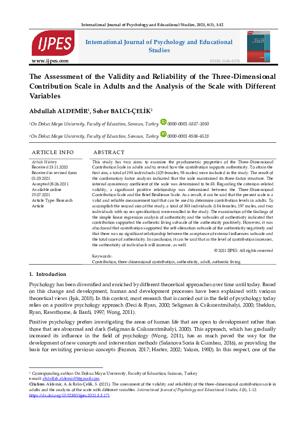(PDF) The Assessment of the Validity and Reliability of the Three-Dimensional Contribution Scale ...