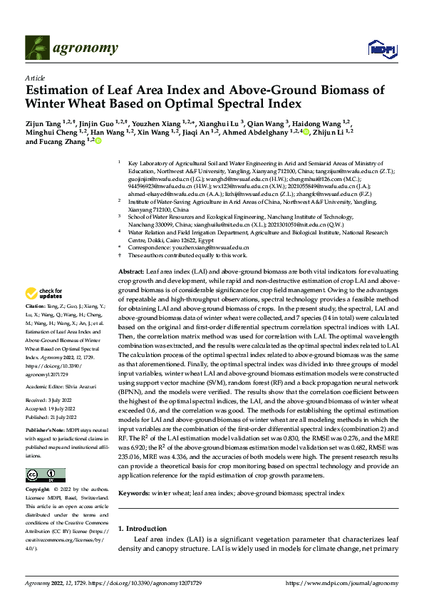(PDF) Estimation of Leaf Area Index and Above-Ground Biomass of Winter Wheat Based on Optimal ...