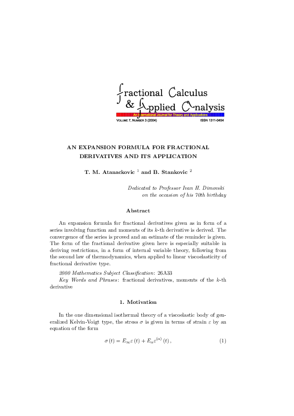 (PDF) An Expansion Formula for Fractional Derivatives and its Application