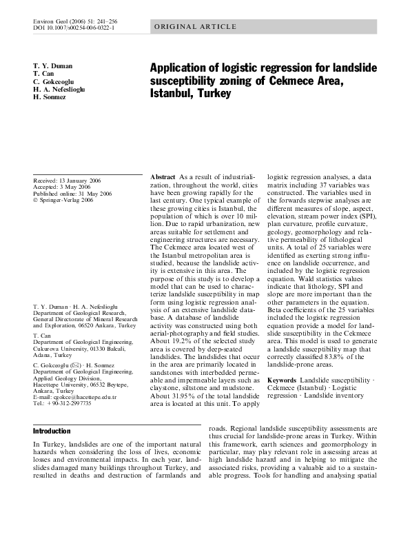 (PDF) Application of logistic regression for landslide susceptibility zoning of Cekmece Area ...
