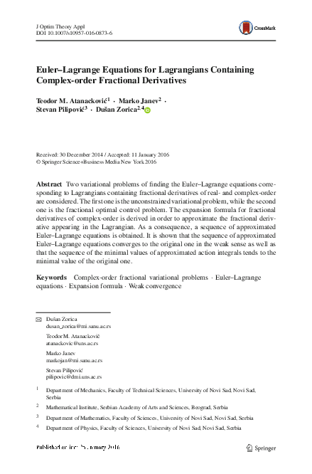 Pdf Euler Lagrange Equations For Lagrangians Containing Complex Order