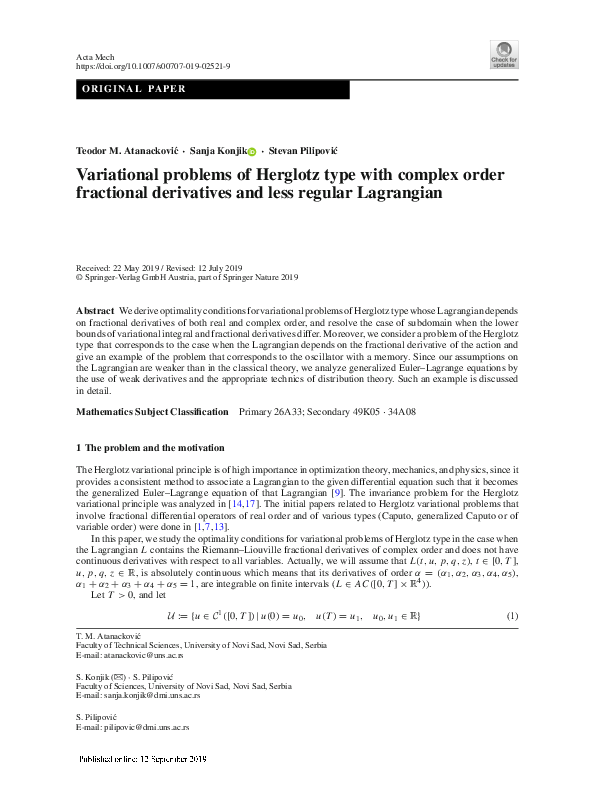 (PDF) Variational problems of Herglotz type with complex order fractional derivatives and less ...