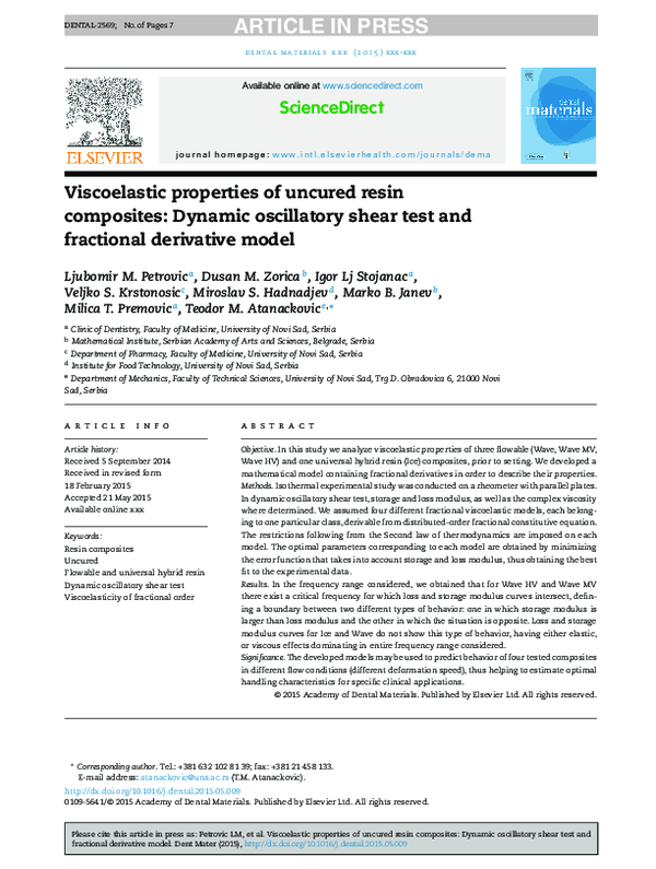 (PDF) Viscoelastic properties of uncured resin composites: Dynamic ...