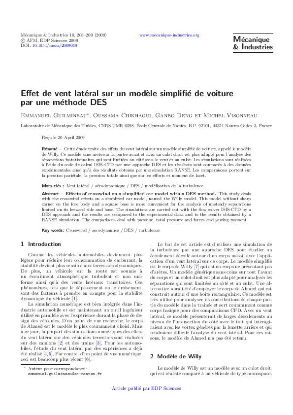 (PDF) Effet de vent latéral sur un modèle simplifié de voiture par une méthode DES