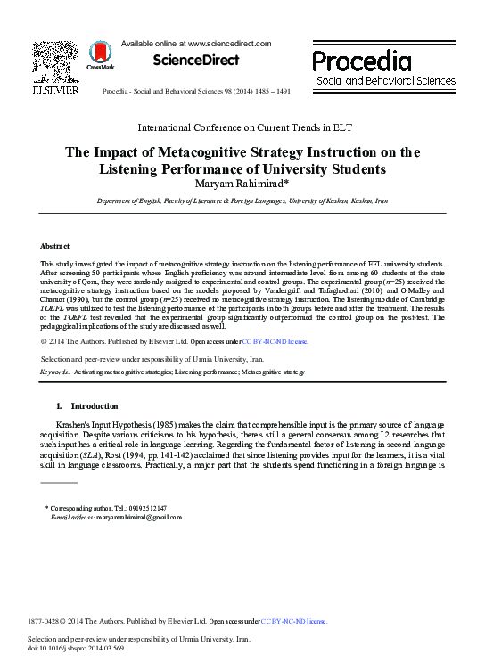 Pdf The Impact Of Metacognitive Strategy Instruction On The Listening Performance Of