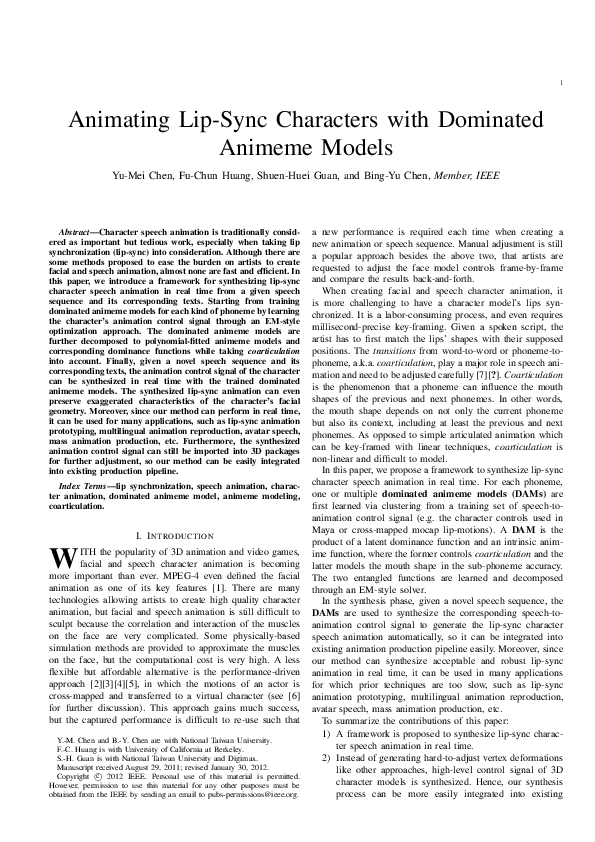 (PDF) Animating Lip-Sync Characters With Dominated Animeme Models