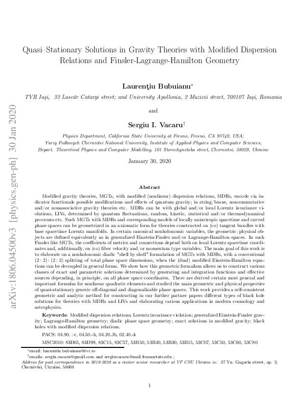 (PDF) Quasi-stationary solutions in gravity theories with modified ...