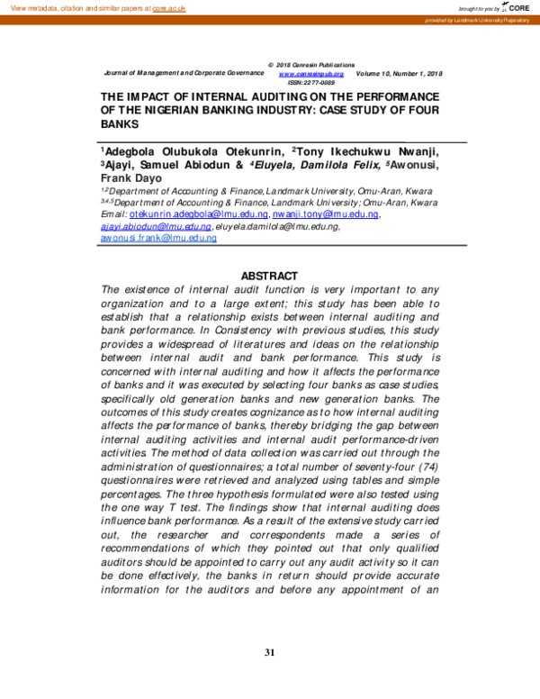 (PDF) The Impact of Internal Auditing on the Performanceof the Nigerian ...