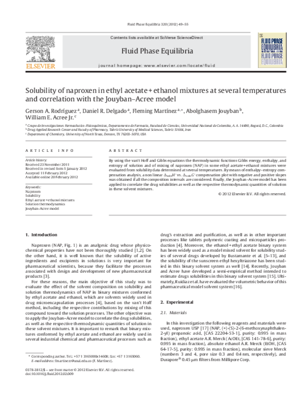 Pdf Solubility Of Naproxen In Ethyl Acetate Ethanol Mixtures At Several Temperatures And