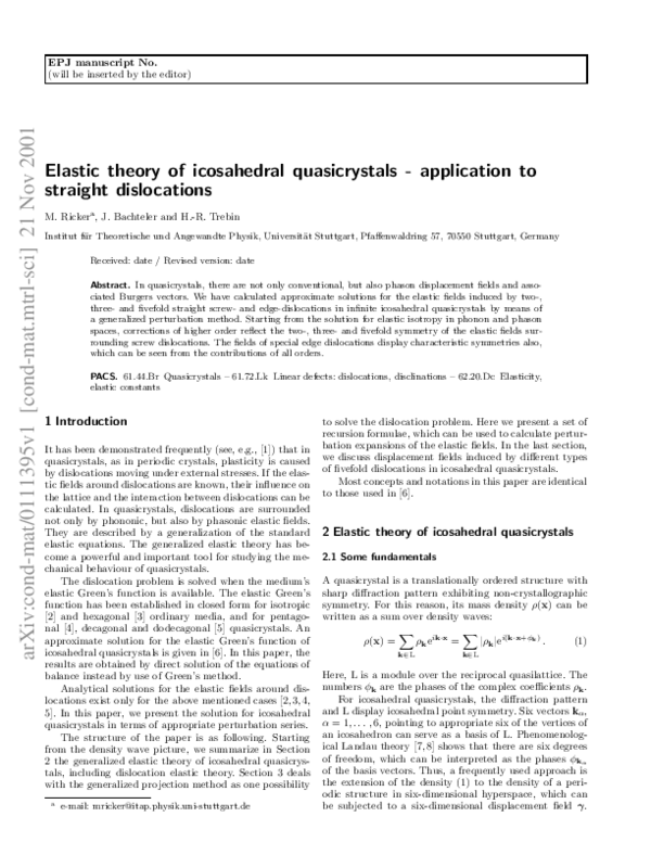 Pdf Elastic Theory Of Icosahedral Quasicrystals Application To Straight Dislocations