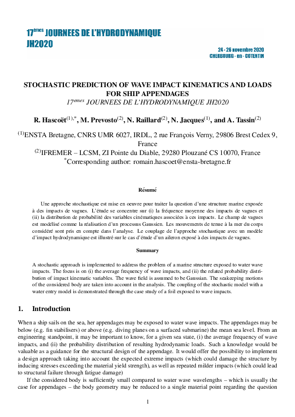 (PDF) Stochastic prediction of wave impact kinematics and loads for ship appendages