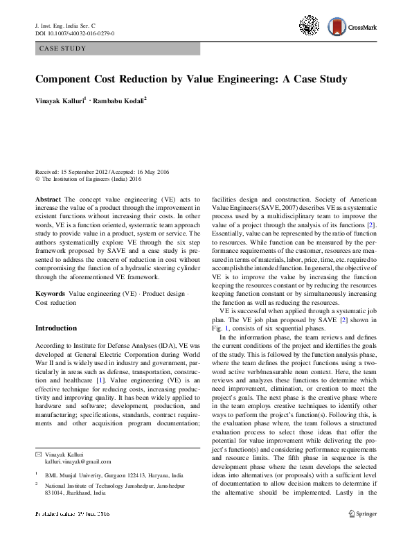 (PDF) Component Cost Reduction by Value Engineering: A Case Study