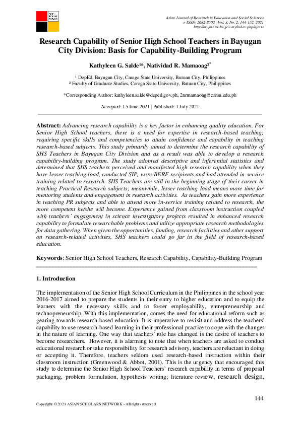 (PDF) Research Capability of Senior High School Teachers in Bayugan City Division: Basis for ...