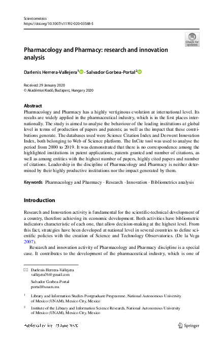 (PDF) Pharmacology and Pharmacy: research and innovation analysis