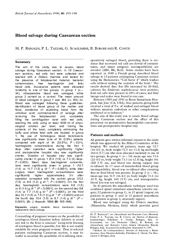 (PDF) Blood salvage during caesarean section