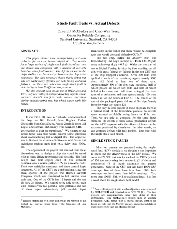 (PDF) Stuck-fault tests vs. actual defects