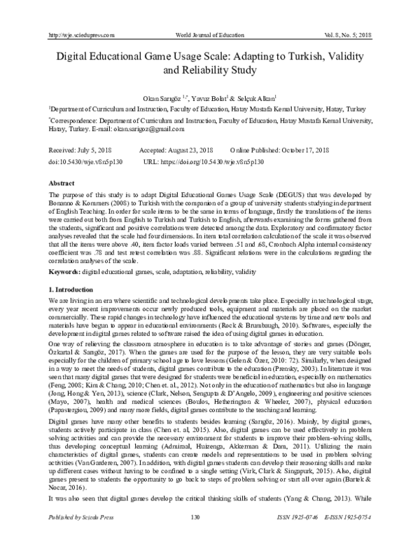(PDF) Digital Educational Game Usage Scale: Adapting to Turkish, Validity and Reliability Study