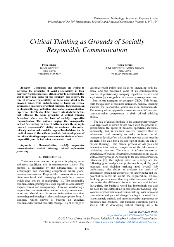 (PDF) Critical Thinking as Grounds of Socially Responsible Communication