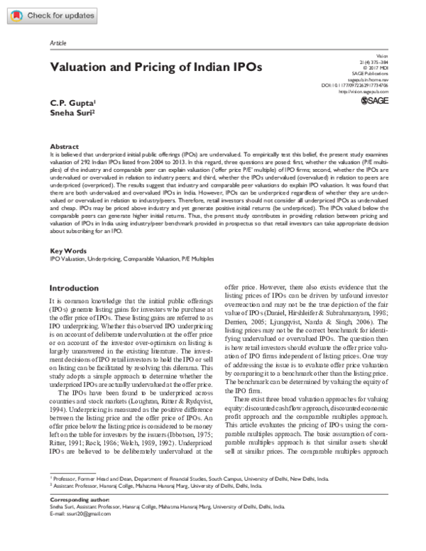 (PDF) Valuation and Pricing of Indian IPOs