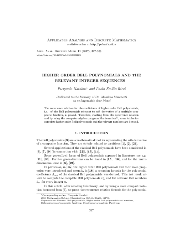 (PDF) Higher order bell polynomials and the relevant integer sequences