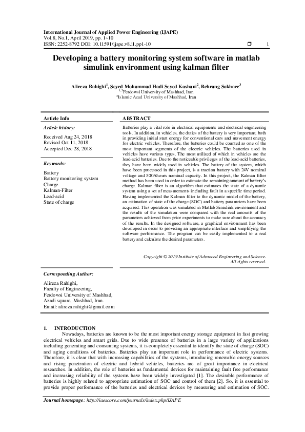 Pdf Developing A Battery Monitoring System Software In Matlab Simulink Environment Using