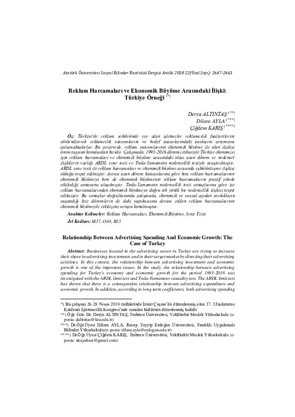 (PDF) Reklam Harcamaları ve Ekonomik Büyüme Arasındaki İlişki: Türkiye ...