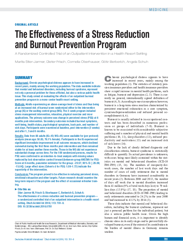 (PDF) The Effectiveness of a Stress Reduction and Burnout Prevention ...