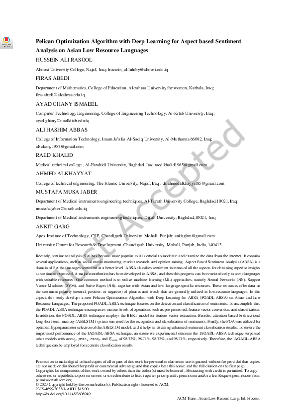 Pdf Pelican Optimization Algorithm With Deep Learning For Aspect Based Sentiment Analysis On 