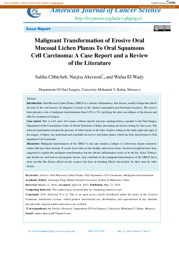 (PDF) Malignant Transformation of Erosive Oral Mucosal Lichen Planus To Oral Squamous Cell ...