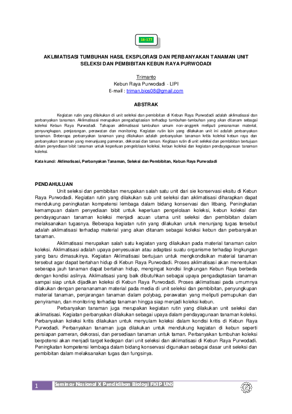 (PDF) Aklimatisasi Tumbuhan Hasil Eksplorasi Dan Perbanyakan Tanaman ...