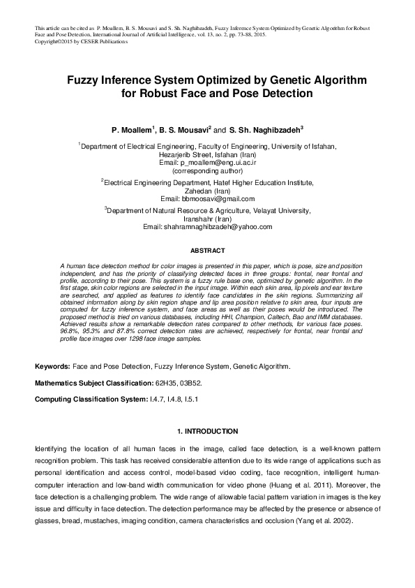 (PDF) Fuzzy Inference System Optimized by Genetic Algorithm for Robust Face and Pose Detection