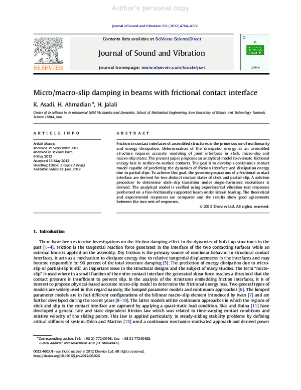 (PDF) Micro/macro-slip damping in beams with frictional contact interface