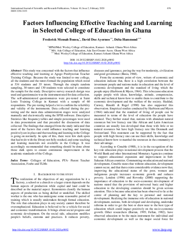 (PDF) Factors Influencing Effective Teaching and Learning in Selected ...