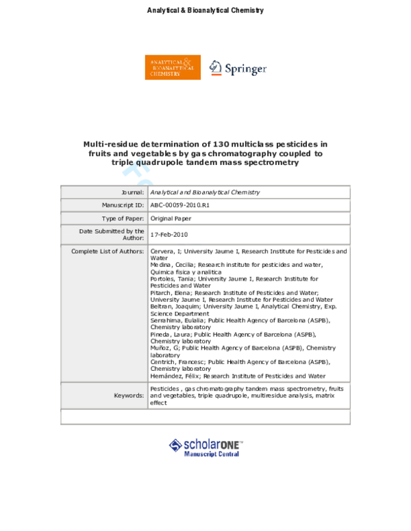 (PDF) Multi-residue determination of 130 multiclass pesticides in fruits and vegetables by gas ...