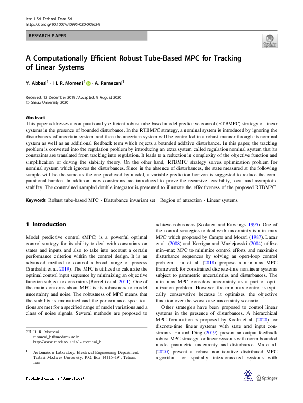 (PDF) A computationally efficient robust tube based MPC for linear ...