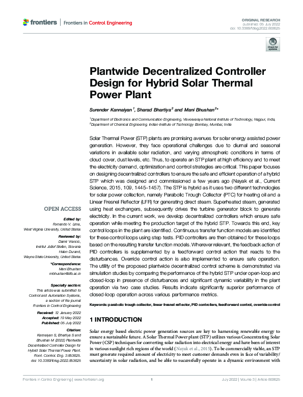 (PDF) Plantwide Decentralized Controller Design for Hybrid Solar Thermal Power Plant