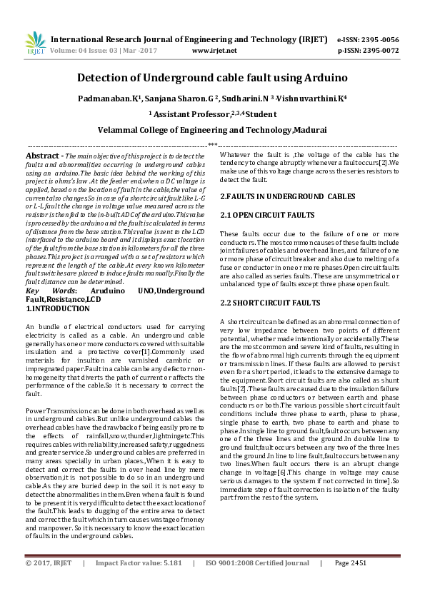 Pdf Detection Of Underground Cable Fault Using Arduino