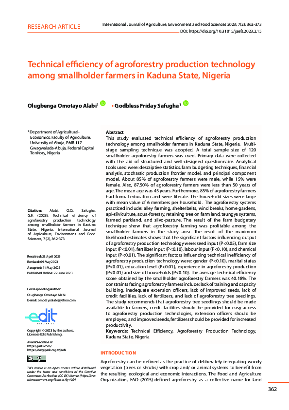 (PDF) Technical efficiency of agroforestry production technology among smallholder farmers in ...